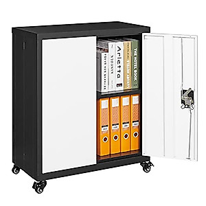 GREATMEET Metal Storage Cabinet with Locking Doors and Adjustable Shelve, Storage Locker Cabinet with Wheels, Metal Folding Cabinets for Home Office,Garage, Black+White