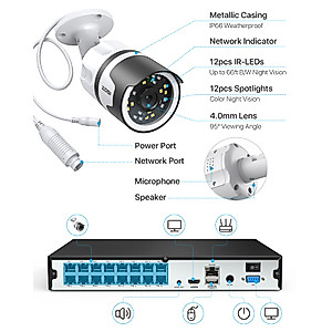 ZOSI 4K 16CH PoE Security Camera System, 16CH 4K NVR with 4TB HDD for 24/7 Recording, 14 X Wired 5MP (3K) PoE IP Cameras Outdoor Indoor, Spotlights, 2-Way Talk, Human Detection, Sound & Light Alarm