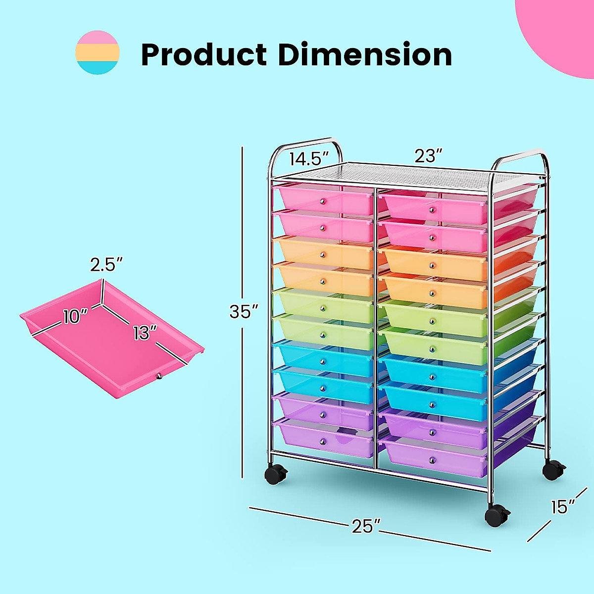 COSTWAY 20-Drawer Rolling Storage Cart, Utility Storage Organizer Cart for Tools, Scrapbook, Paper, Craft, Multipurpose Storage Trolley on Wheels for Home Office School (Rainbow)