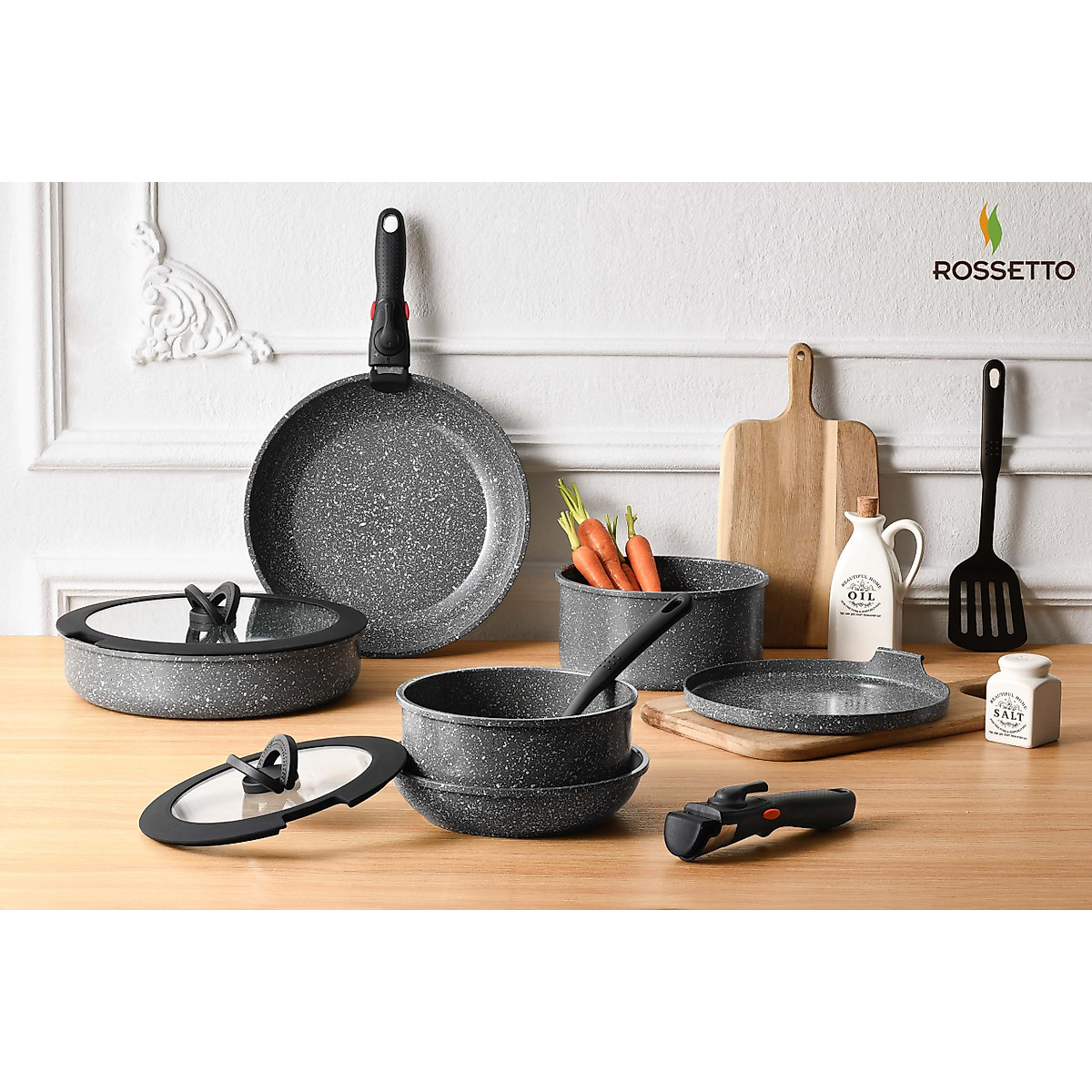 ROSSETTO 16pcs Pots and Pans Set Non Stick from France, Ceramic Cookware Set with Removable Handle, Induction RV Kitchen Cookware Set, Stackable, PFOA and PFAS Free, Oven Safe, Black Granite