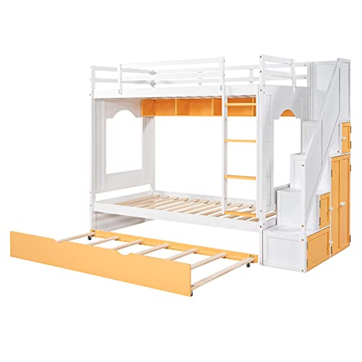 HomSof Twin Over Twin Bunk Bed with Trundle,Stairs,Ladders Solid Wood Bunk Bed with Storage Cabinet （White + Yellow）