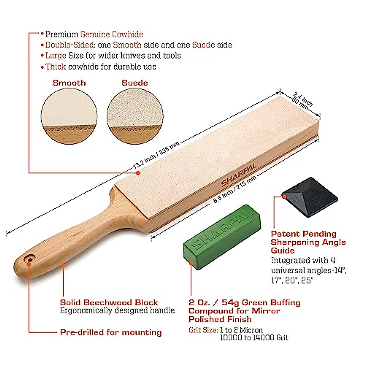 SHARPAL 205H Double-sided Leather Strop (Genuine Cowhide) 13.2" x 2.4" Kit with 2 Oz. Polishing Compound & Angle Guide, Knife Stropping Block for Sharpening & Honing Knives, Woodcarving Chisels
