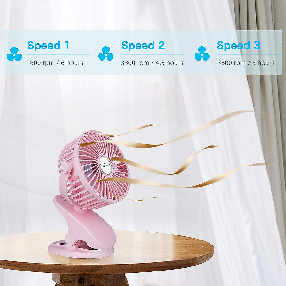 SkyGenius Battery Operated Clip On Baby Stroller Fan (Pink)