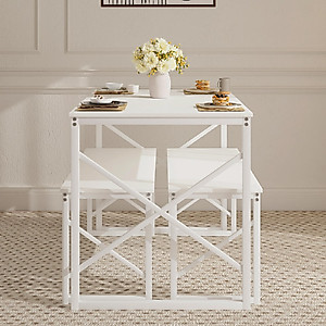 VECELO Kitchen Table with 2 Benches for 4, 43.3'' Wood Dining Room Dinette Sets with Metal Frame for Breakfast Nook and Small Space, White