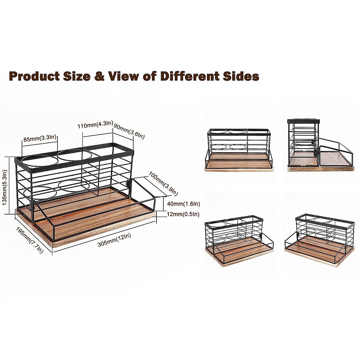 Siyzda Hair Tool Organizer, Movable Hair Dryer Holder, Hair Styling Tools Organizer Storage for Vanity, Black Bathroom Counter Organizer, Bathroom Trays for Hair Toiletry, Makeup (Wooden Base)