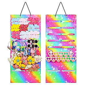 Hair Bows Holder for Baby Girls，Bows and Headbands Holder for Baby,Baby Bow Holder Organizer w/Heart-Shape Velvet Hangers, Baby Headbands Holder Organizer for Door,Closet,Wall,Rainbow Color.