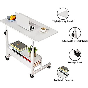Adjustable Table Student Computer Desk Portable Home Office Furniture Small Spaces Desk Sofa Bedroom Bedside Desk Learn Play Game Desk on Wheels Movable with Storage Desk Size 31.5 * 15.7 Inch,White