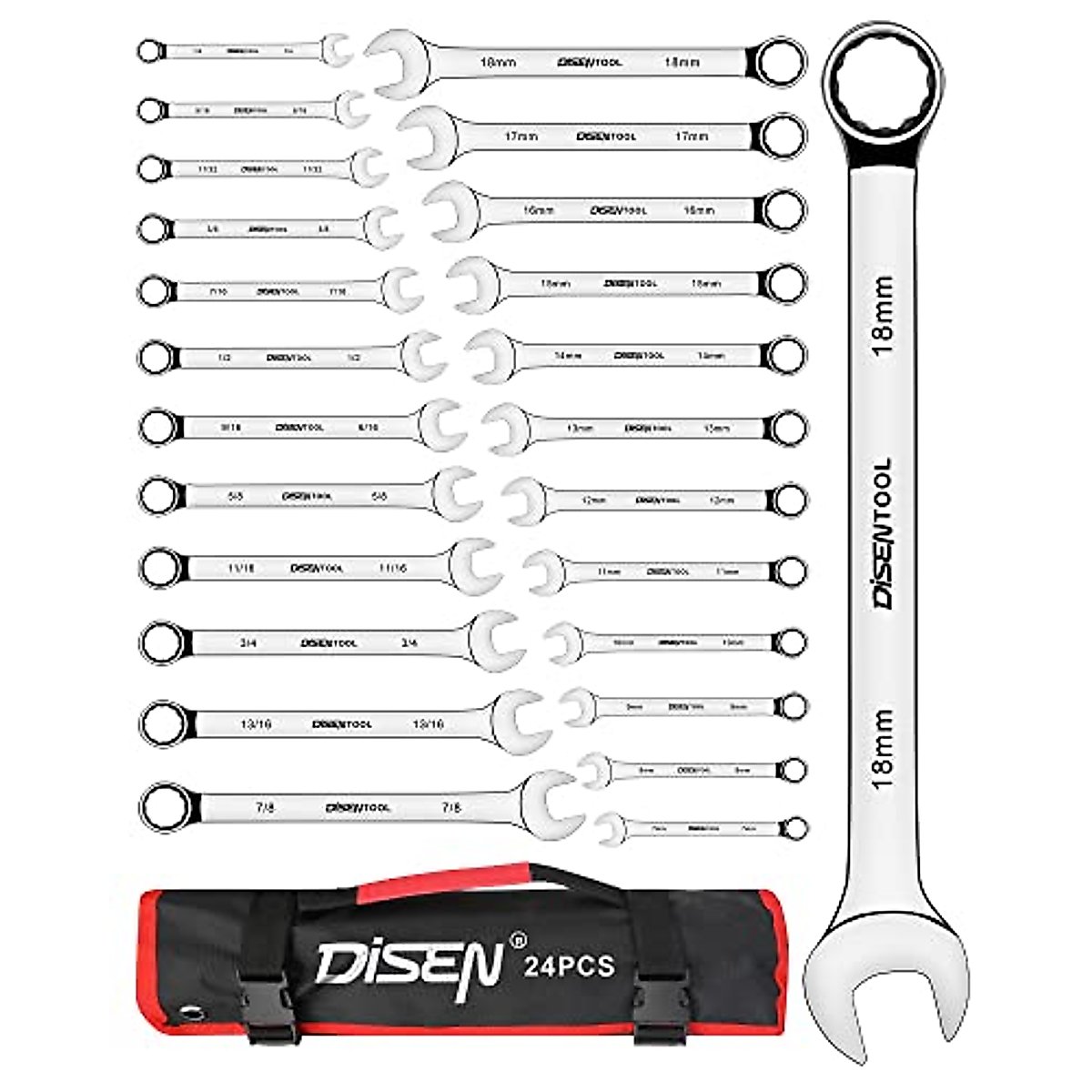 DISEN 24pcs Combination Wrench Set, Metric/SAE, IN/MM Wrench Set with Tool Roll,12 Point Combination Wrench, 7-18mm and 1/4-7/8" Box End and Open End Wrench Set, Drop Forged Steel