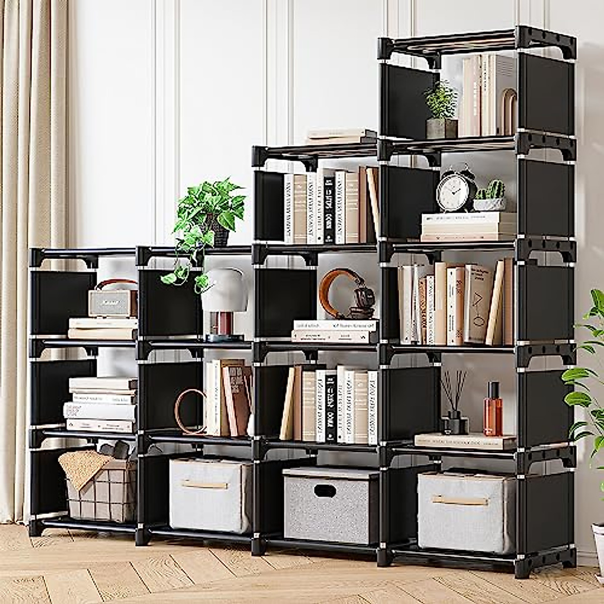 REIBII Bookshelf for Bedroom Book Shelf Organizer Bookcase Tall Book Case 15 Cube Storage Organizer Cube Shelf Black Cubby Storage Organizer Shelves for Bedroom Living Room Closet Office DIY