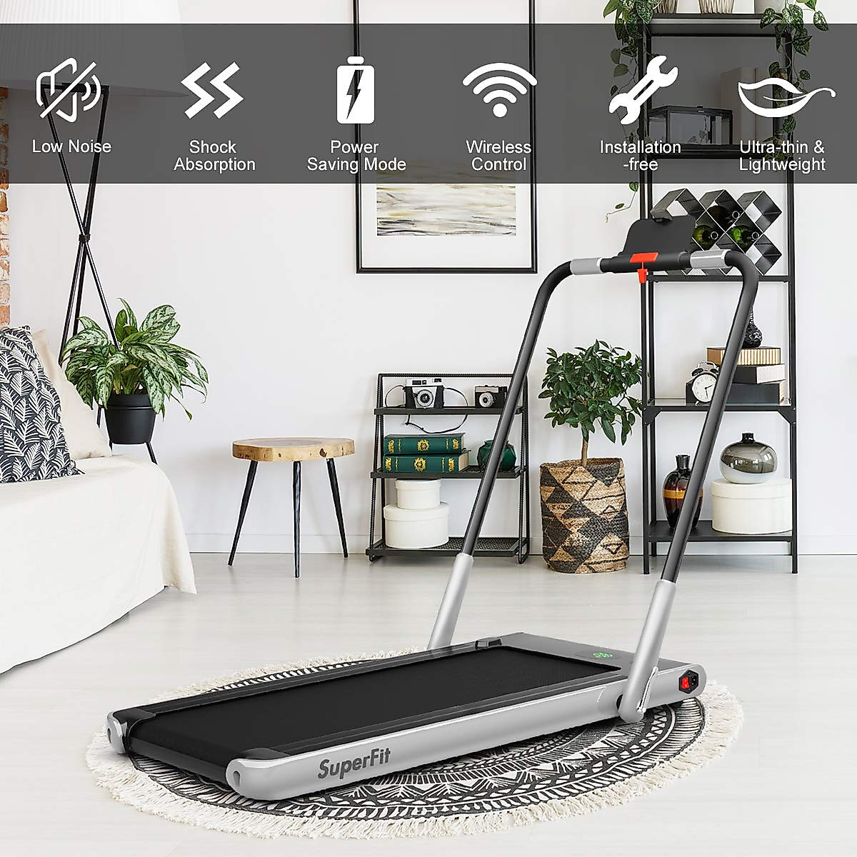 GYMAX Walking Pad, 2 in 1 Free Installation Under Desk Treadmill with Smart App, Remote Control & LED Display, 2.25HP Foldable Portable Compact Running Machine for Small Spaces Home Office (Silver)