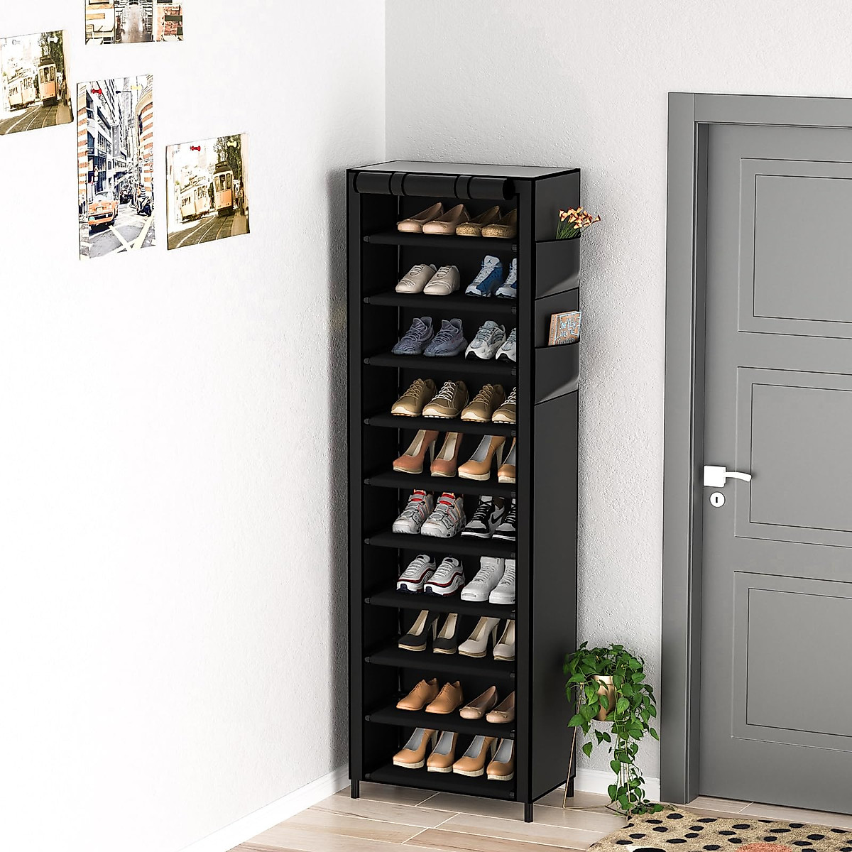NUWFD 10-Tier Tall Shoe Rack Organizer with Dustproof Cover - Holds 20-22 Pairs, Vertical Stackable Shoe Shelf for Small Spaces, for Closet, Entryway, or Bedroom, Black