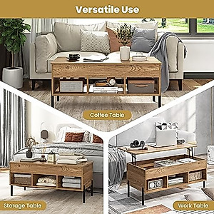 Tangkula Lift Top Coffee Table with Metal Legs, Rising Center Table w/Hidden Compartment & 3 Open Cubbies, Multifunctional Wood Dining Working Table for Living Room Reception Room (Natural)