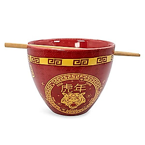 Year Of The Tiger Chinese Zodiac Ceramic Dinnerware Set | Includes 16-Ounce Ramen Noodle Bowl and Wooden Chopsticks | Asian Food Dish Set For Home & Kitchen | Kawaii Lunar New Year Gifts