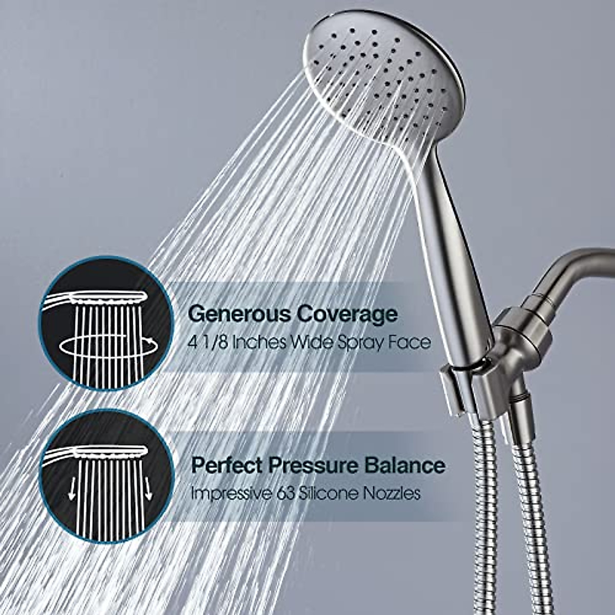 BRIGHT SHOWERS High Pressure Handheld Shower Head Set, Hand Held Showerhead with 60 Inch Flexible Shower Hose and Adjustable Shower Arm Mount Bracket, Detachable Shower Wand, Brushed Nickel