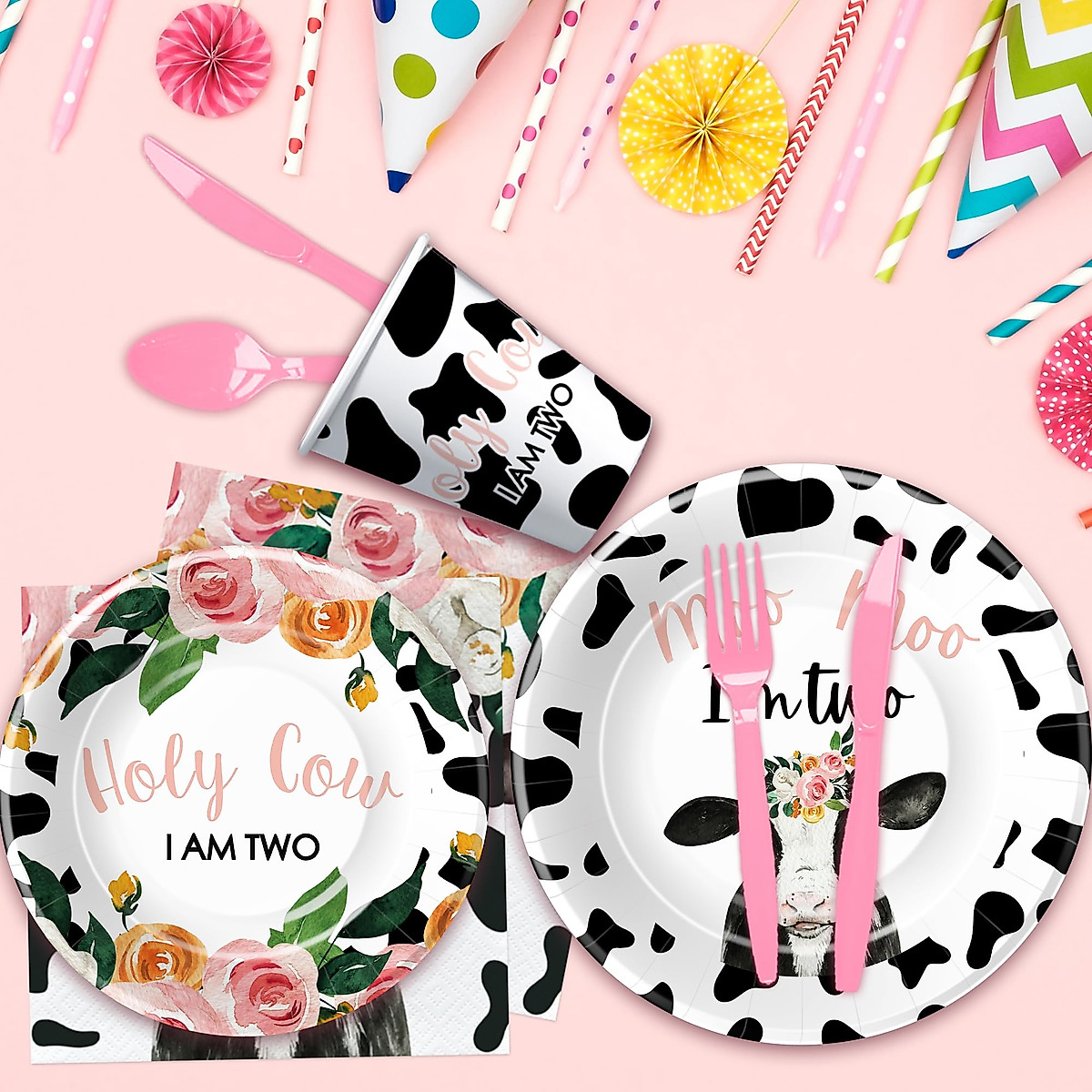 APOWBLS Moo Moo Im Two Birthday Decorations Tableware Girl - Cow 2nd Birthday Party Supplies, Plate, Napkin, Tablecloth, Fork, Holy Cow Two Year Old Birthday Party Decorations Dinnerware | Serve 24