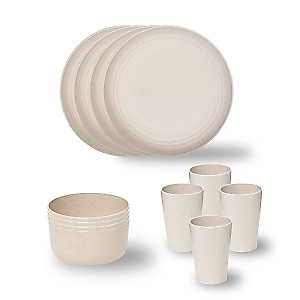 Stephan Roberts Wheatstraw Dinnerware Set, Eco-Friendly Wheatstraw Dinner Set, Dishes Set for 4, Includes Plates, Bowls & Cups, Reusable Unbreakable Dishware Set, Cream, 12PC Dinner Set