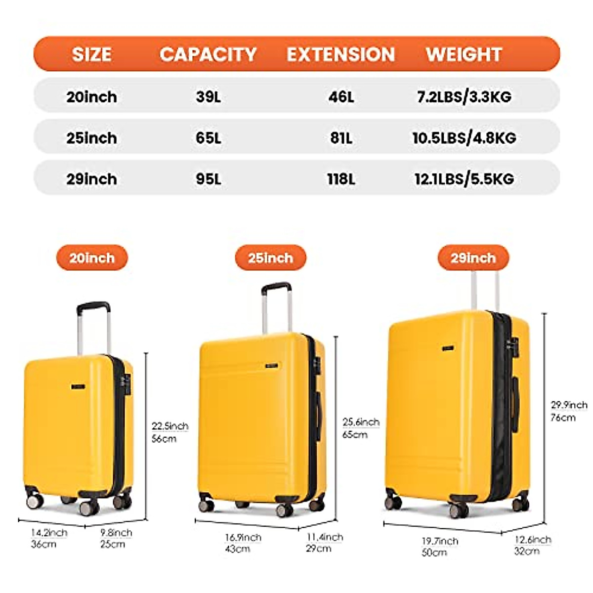 PRIMICIA GinzaTravel 3-Piece Luggage Sets Expandable Suitcases with 4 Wheels PC+ABS Durable Hardside Luggage sets TSA lock (Yellow, 3-Piece Set(20"/25"/29"))