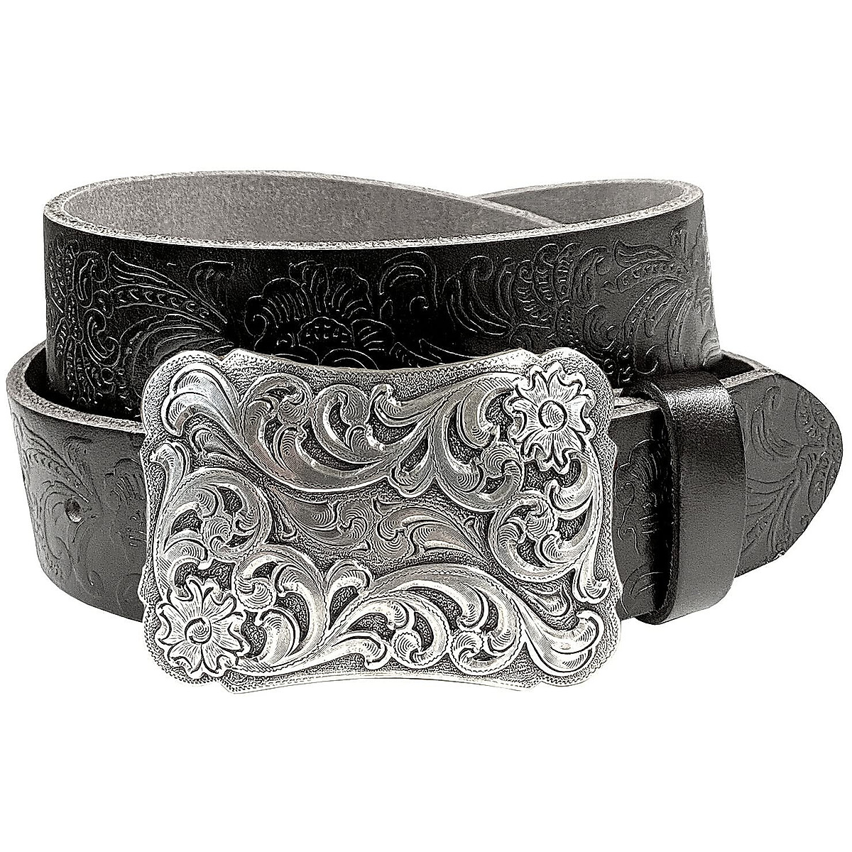 HA0038-BS036-W Cowtown Western Tooled Full Grain Genuine Leather Belt 1 1/2"(38mm) Wide (Black, 34)