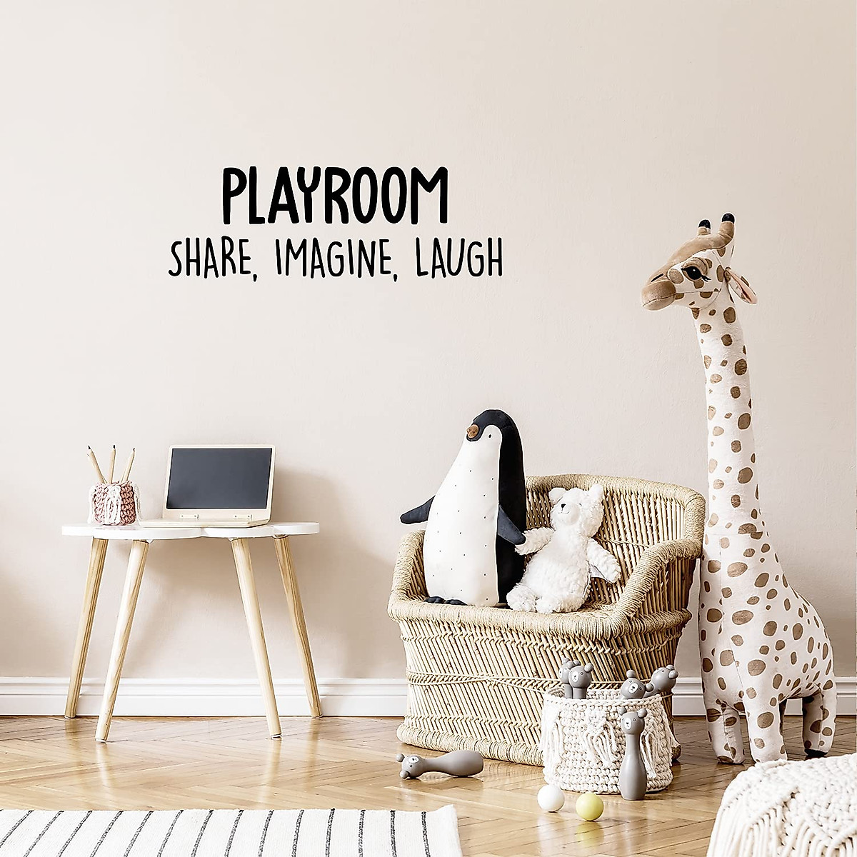 Vinyl Wall Art Decal - Playroom. Share, Imagine, Laugh - 10" x 30" - Trendy Cute Fun Positive Quote Sticker for Kids Bedroom Living Room Playroom Nursery Baby Room Daycare Classroom Decor (Black)