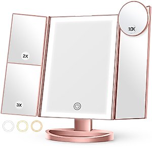 Lighted Makeup Mirror with 3 Color Lighting, Mirror with Extra Round 10X Magnifying Mirror, 72 LED Vanity Mirror, 10x 3X 2X Magnification, Touch Control, Dual Power Supply, Gift for Woman(Rose Gold)