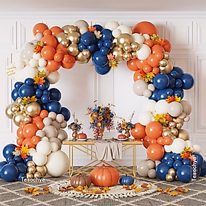 176 Pcs Fall Balloon Garland Arch Kit, Navy Royal Dark Blue Metallic Gold Orange Creamy White Balloons Arch Kit for Class of 2024 Graduation Decorations Thanksgiving Party Fall Birthday Wedding Decor