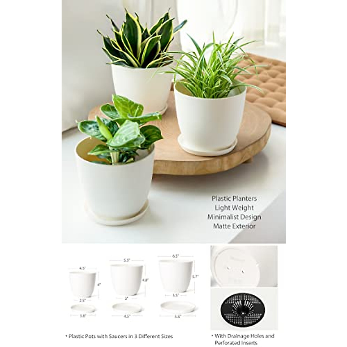 Mkono 3 Pack Macrame Plant Hangers with Pots, 35"/29"/23" Indoor Different Size Hanging Planter Basket Flower Pot Holder with Saucers & Hooks No Tassels (Plastic Flower Pots Included), Medium, Ivory