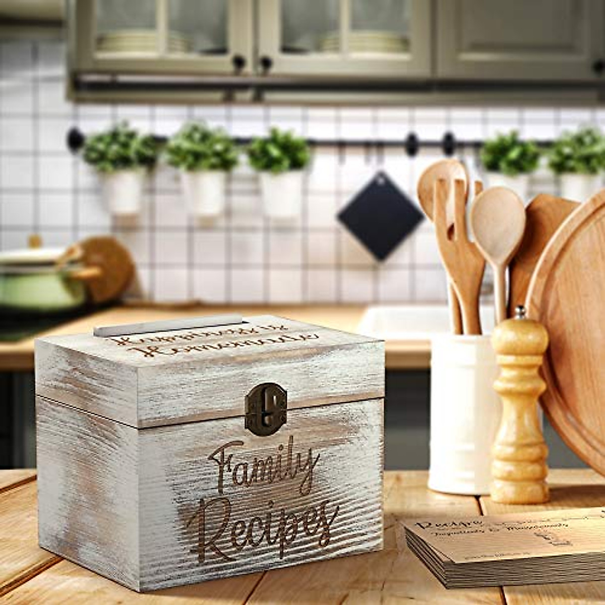 Wooden Recipe Box with Cards and Dividers - Includes 6 Wood Dividers - 50 Double Sided 4x6 Recipe Cards - Premium Handcrafted Quality - Great Gift Idea - Wedding, Birthday, Anniversary, Mother's Day