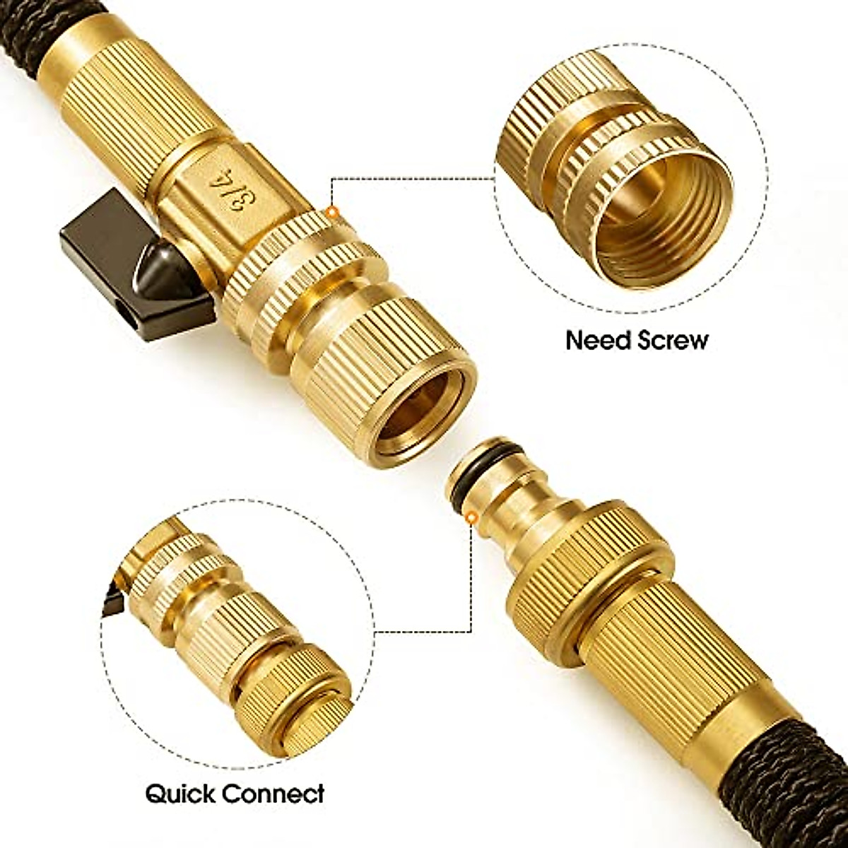 Gsinodrs Garden Hose Quick Connect Fittings, Brass Hose Quick Connectors, 3/4 Inch GHT Quick Connector Fittings, Leak Proof Water Hose Male Female Adapters, 2 Sets with 4 Rubber Gaskets