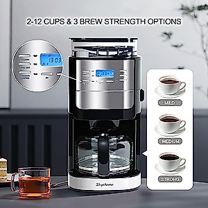 skyehomo 12 Cup Drip Coffee Maker with Built-In Burr Coffee Grinder, Programmable Coffee Machine with Timer, Glass Carafe, Reusable Filter, Warming Plate for Home and Office. 1.5L Water Tank