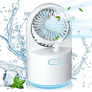 Desk Misting Fan Portable Table Fan with 300ML Large Water Tank and 7 Colorful Nightlights, Personal Fan with 3 Speed Strong Wind USB Rechargeable Cooling Mister Fan for Home, Office, Outdoor