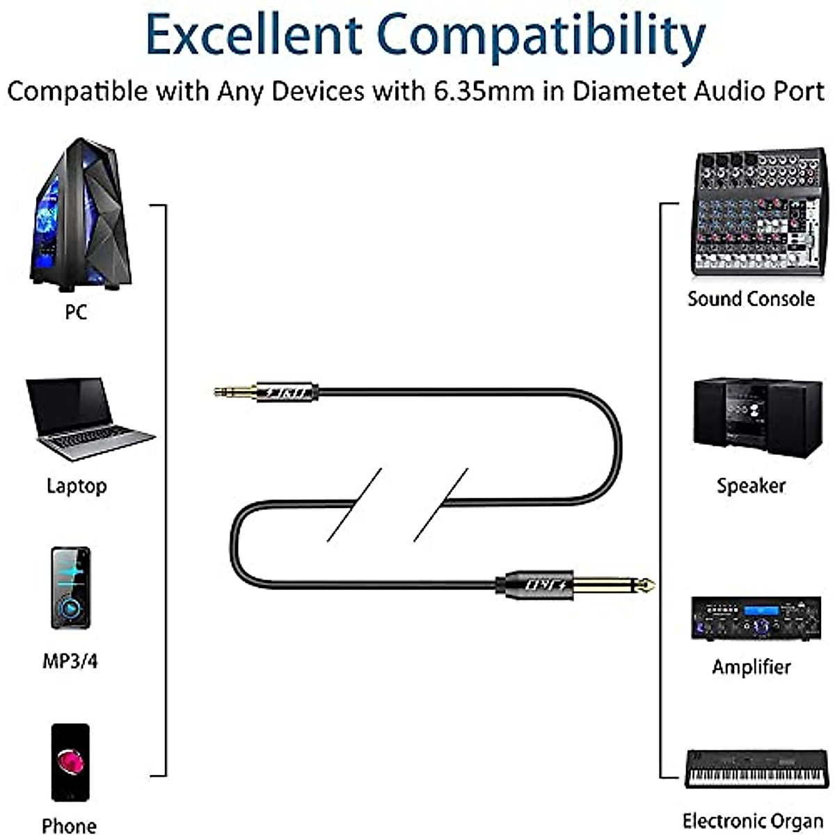 J&D 6.35mm (1/4 inch) TS to 3.5mm (1/8 inch) TRS Cable, Gold-Plated 1/4 inch Male to 3.5mm (1/8 inch) Male Mono Interconnect Heavy Duty Stereo Aux Jack Adapter Cable, 10 Feet