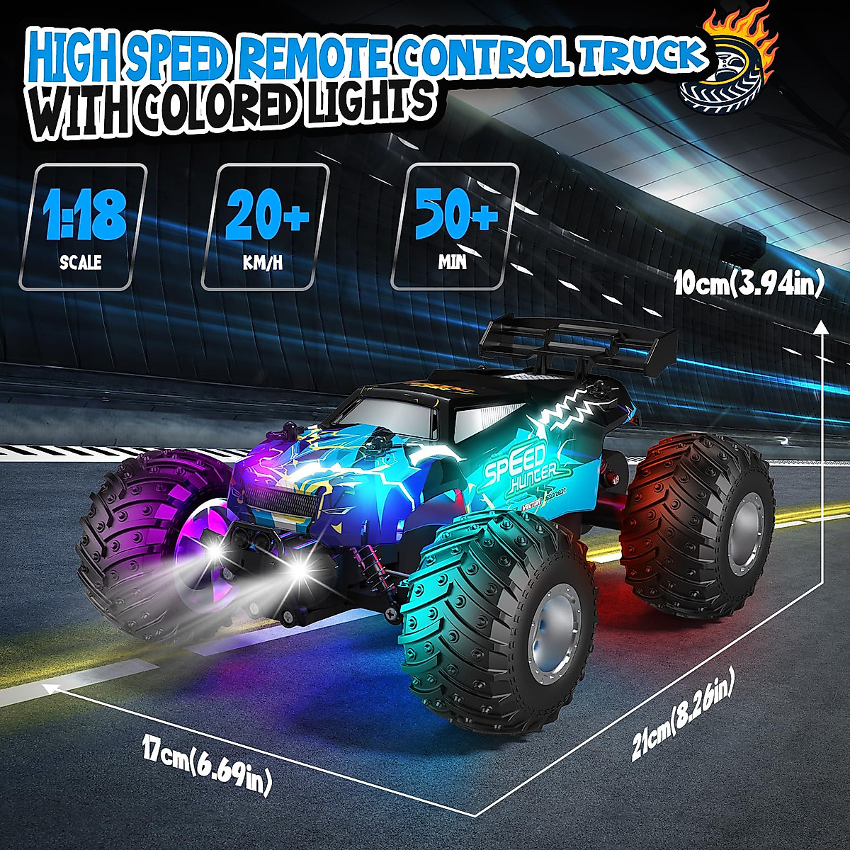 AONEPTR Remote Control Car, All Terrain Remote Control Truck for Boy, 2.4GHz Rc Car with Bodylight and Two Rechargeable Batteries, 20KM/H Monster Truck Toys