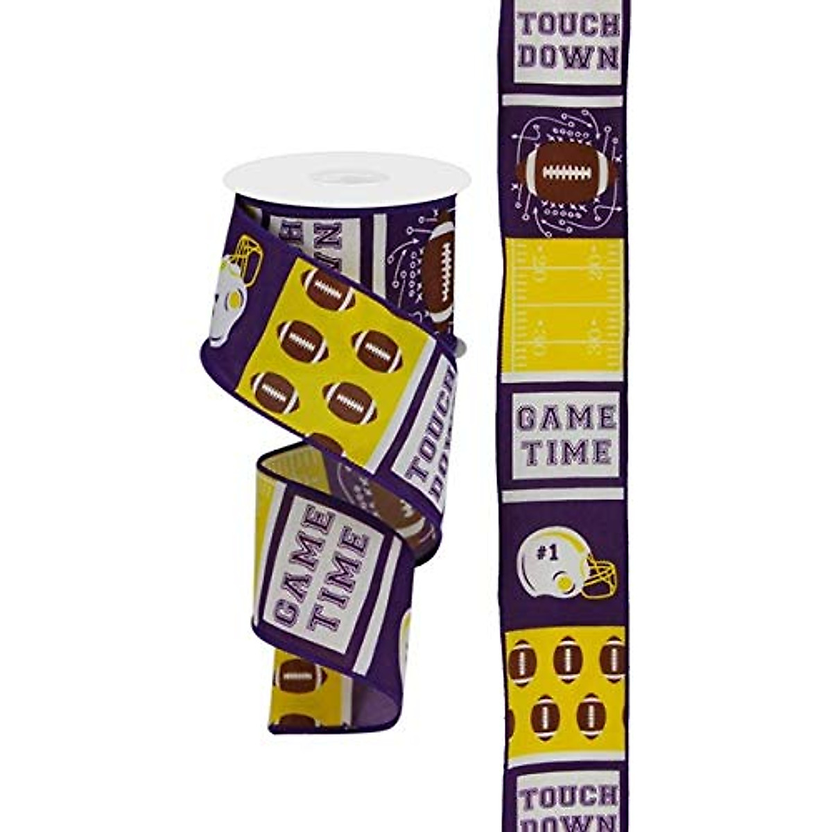 Football Block Pattern Wired Edge Ribbon - 10 Yards (Purple, Gold, 2.5 Inch)