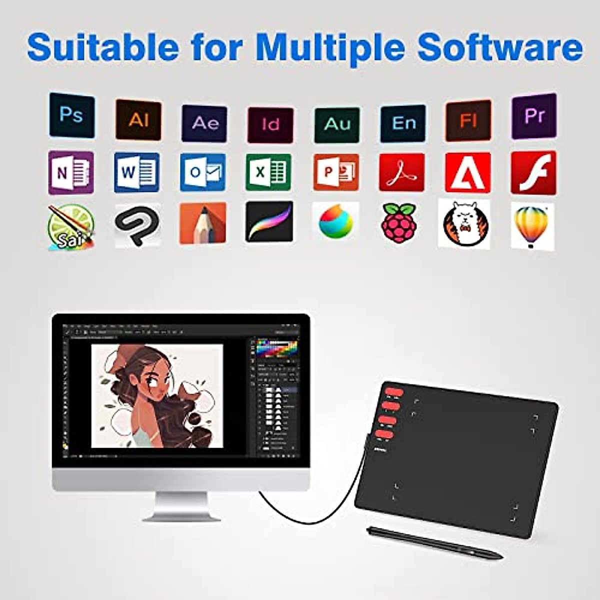 Graphics Drawing Tablet with 8 x 6 Inch Active Area Drawing Tablet, Battery-Free Pen and Express Keys Compatible for Mac/Windows/Android OS