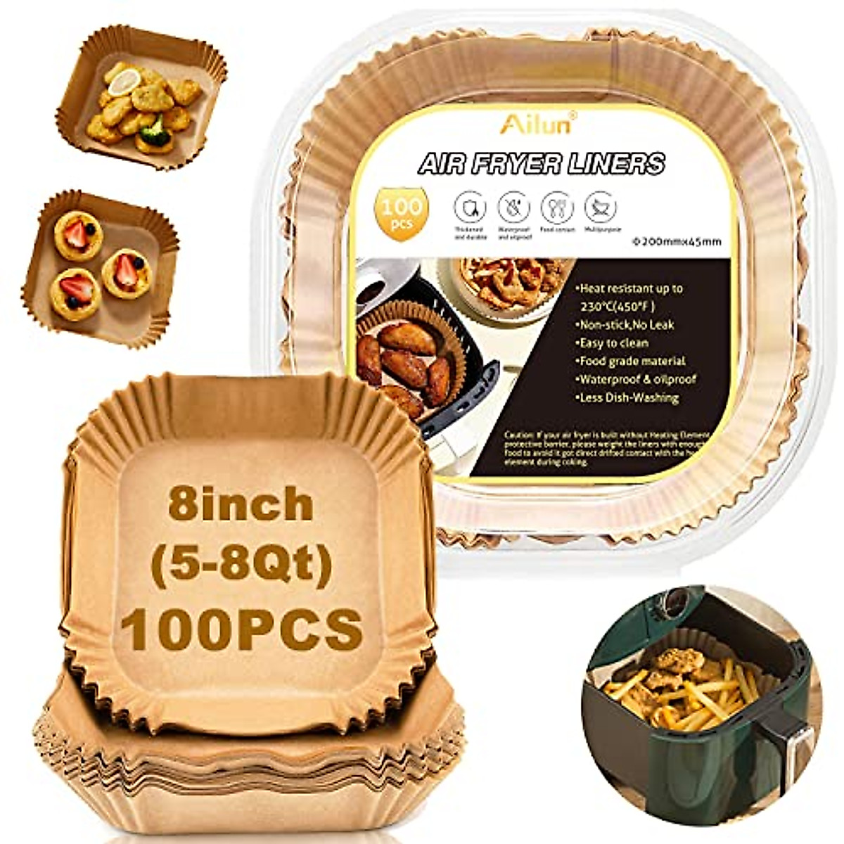 Ailun Air Fryer Paper Liners 8inch, 100PCS Non-Stick Parchment Paper,Oil Resistant,Disposable Food Grade Free of Bleach Paper Square for 5-8 QT Air Fryer Baking Roasting Microwave
