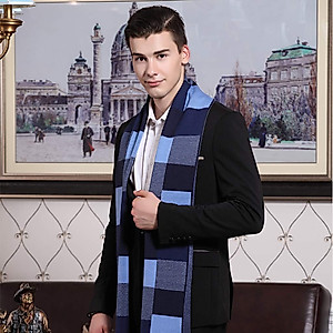 KODOD Plaid Striped Wool Scarf for Men - Winter Soft Thick Cashmere Knit Scarves (A Wool Blend Scarf Navy&Blue Plaid)