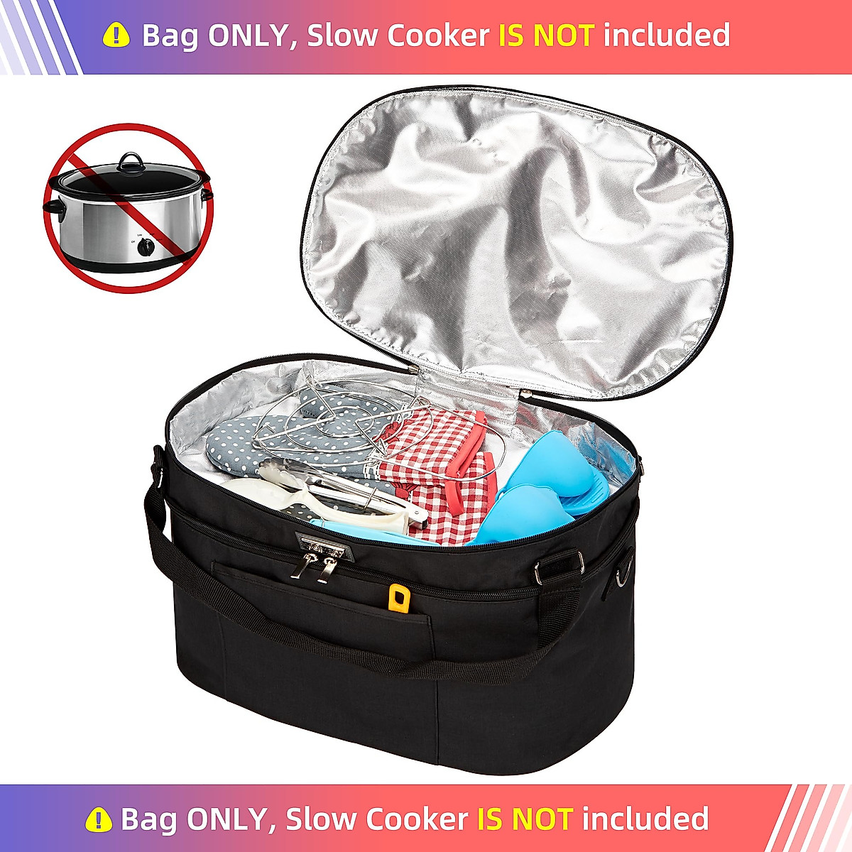 HOMEST Slow Cooker Bag for Crock-Pot 6-8 Quart, Insulated Travel Carrier with Easy to Clean Lining, Carry Case with Top Zip Compartment and Utensil Pocket