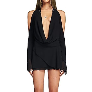 Hilinker Womens Sexy Deep V Neck Bodycon Dress Long Bell Sleeve Sheer Mini Party Dresses Black Medium