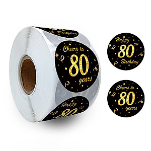 REWIDPARTY Black Gold 80th Birthday Stickers Rolls Cheers to 80 Years Stickers Happy 80th Birthday Stickers Birthday Party Favors Anniversary Party Decorations Adhesive Party Stickers(500 Per Roll)
