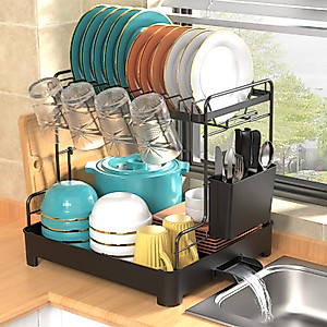 Stofiro Dish Drying Rack with Drainboard, 2 Tier Drying Rack for Kitchen Counter, Rustproof Multipurpose Dish Rack with Cutting Board Holder, Drainage, Utensil Holder, Cup Holder, Dryer Mat