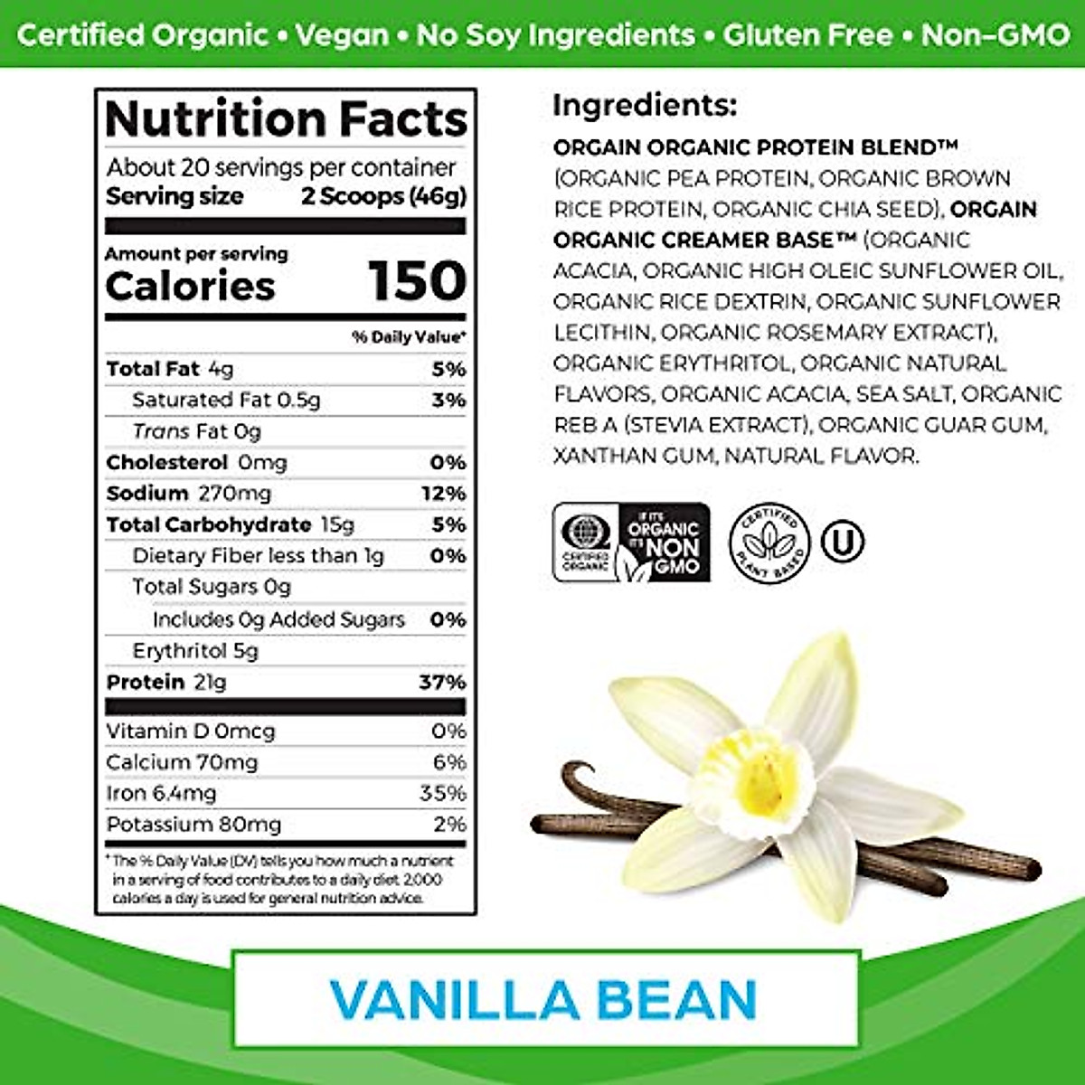 Orgain Organic Vegan Protein Powder, Vanilla Bean - 21g of Plant Based Protein, Low Net Carbs, Gluten Free, Lactose Free, No Sugar Added, Soy Free, Kosher, Non-GMO, 2.03 Lb