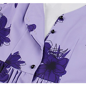 Wellwits Women's Big Floral Print V Neck Sleeveless Button Down Shirt Modest Tea Party Cocktail Formal Special Occasion 1950s Vintage Dress Purple M