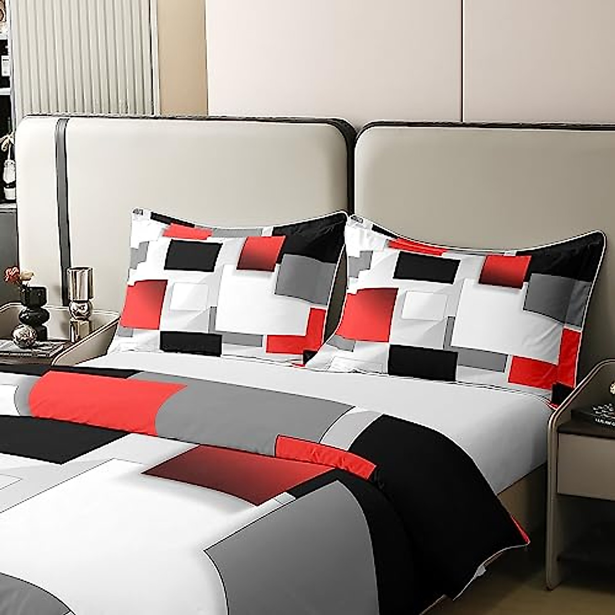 jejeloiu Cotton Duvet Cover Black Red Gray Geometry Duvet Cover Twin Size Cotton Kids Grid Buffalo Check Bedding Set for Women Men Rectangle Pattern Comforter Cover Set Soft Abstract Bedspread Cover