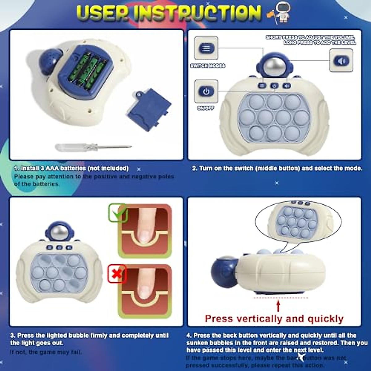 Quick Push Sensory Fidget Toys for Kids Adults, Handheld Puzzle Game, Fast Push Travel Toys, Xmas Birthday Gift for Boys Girls (Astronaut Red Light)