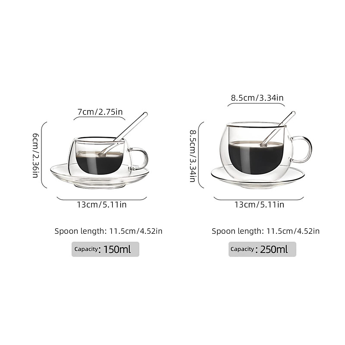 PRTECY Glass Espresso Cups with Saucers and Spoons Set of 2, 5.07/8.45 oz Double Wall Insulated Glass Coffee/Tea Cups Drinking Demitasse Mugs for Cappuccino Latte Tea and More Beverage
