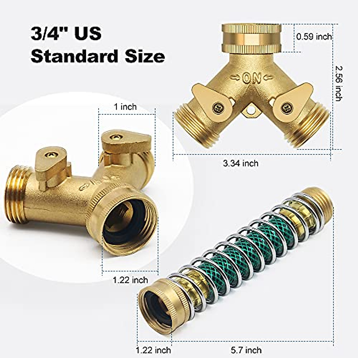 Brass Garden Hose Splitter 2 Way, All Body Metal Heavy Duty Water Splitter Y Way with 2 Hose Protectors Kink Free Hose Extension 6 Rubber Washers
