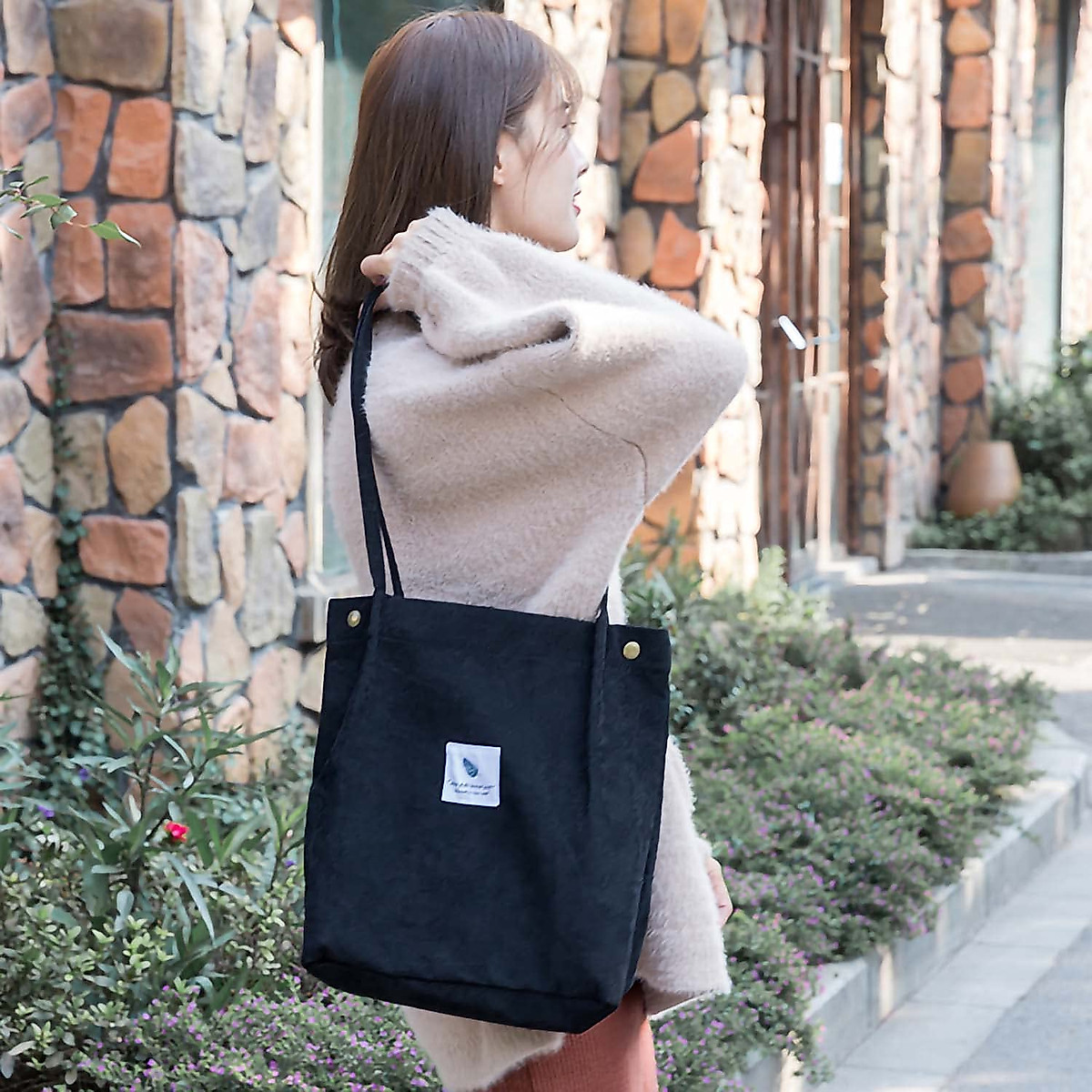 TCHH-DayUp Corduroy Tote Bag for Women Girl Canvas Handbags Shoulder Purse (Black) Medium