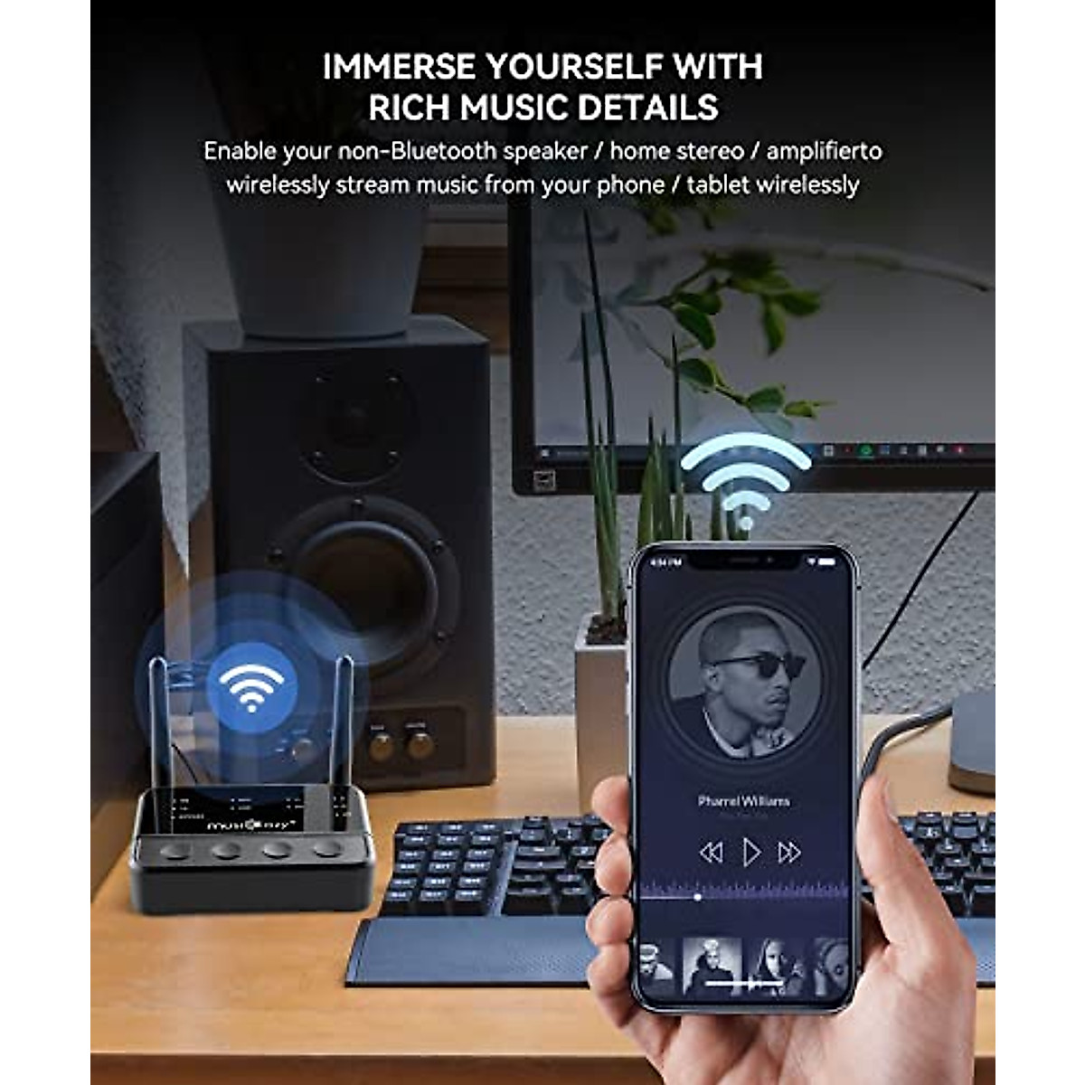 MUSICOZY Bluetooth 5.2 Transmitter Receiver for TV/BT Headphones, Wireless Bluetooth Receiver Audio Adapter for Home Stereo/Speakers/Headphones/MP3, Stereo Receivers, Built in Battery Audio Adapter