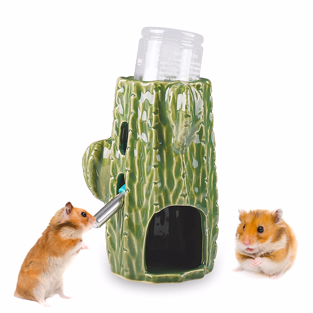 CheeFun Ceramic Hamster Water Bottle: 80ML Adjustable Cactus Water Stand Holder - No Drip Rat Water Bottle for Dwarf Hamster Mice Gerbil Guinea Pig (Light Green)