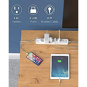 15ft Braided Power Strip Surge Protector with USB Ports, NTONPOWER Flat Plug Power Strip with Long Extension Cord, 4 Outlet 4 USB Desktop Charging Station, 1700 Joule, Circuit Breaker, for Home Office